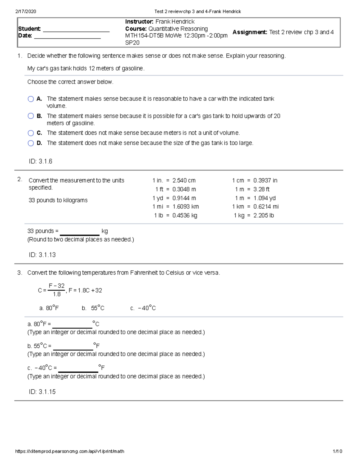 Mth154tst2sp20 - Practice Exam - 1. 2. 3. Student ...