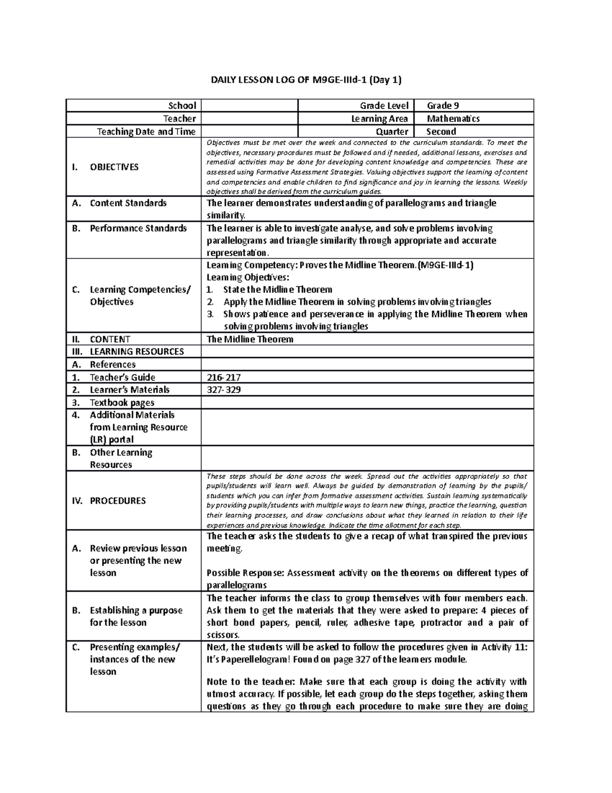 III-Day 13 - DLP - DAILY LESSON LOG OF M9GE-IIId-1 (Day 1) School Grade ...