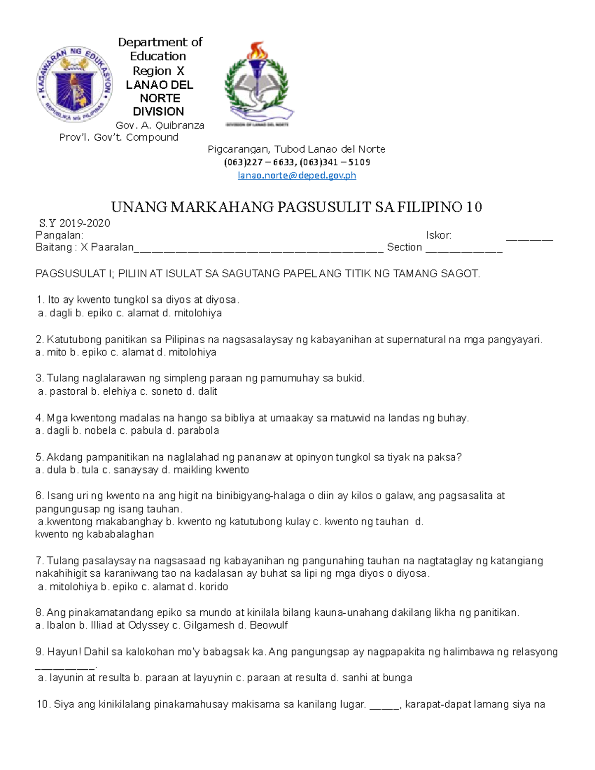 Filipino 10 1st quarter - Department of Education Region X LANAO DEL ...