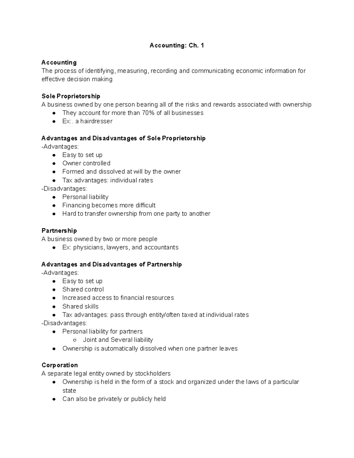 Accounting Ch. 1 - Lecture notes 1 - Accounting: Ch. 1 Accounting The ...