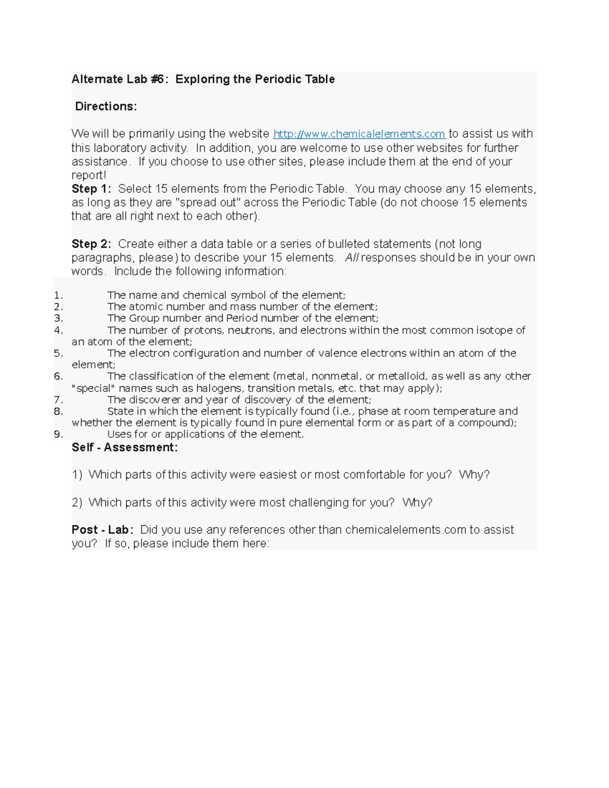 Alternate Lab - practice - Alternate Lab #6: Exploring the Periodic ...