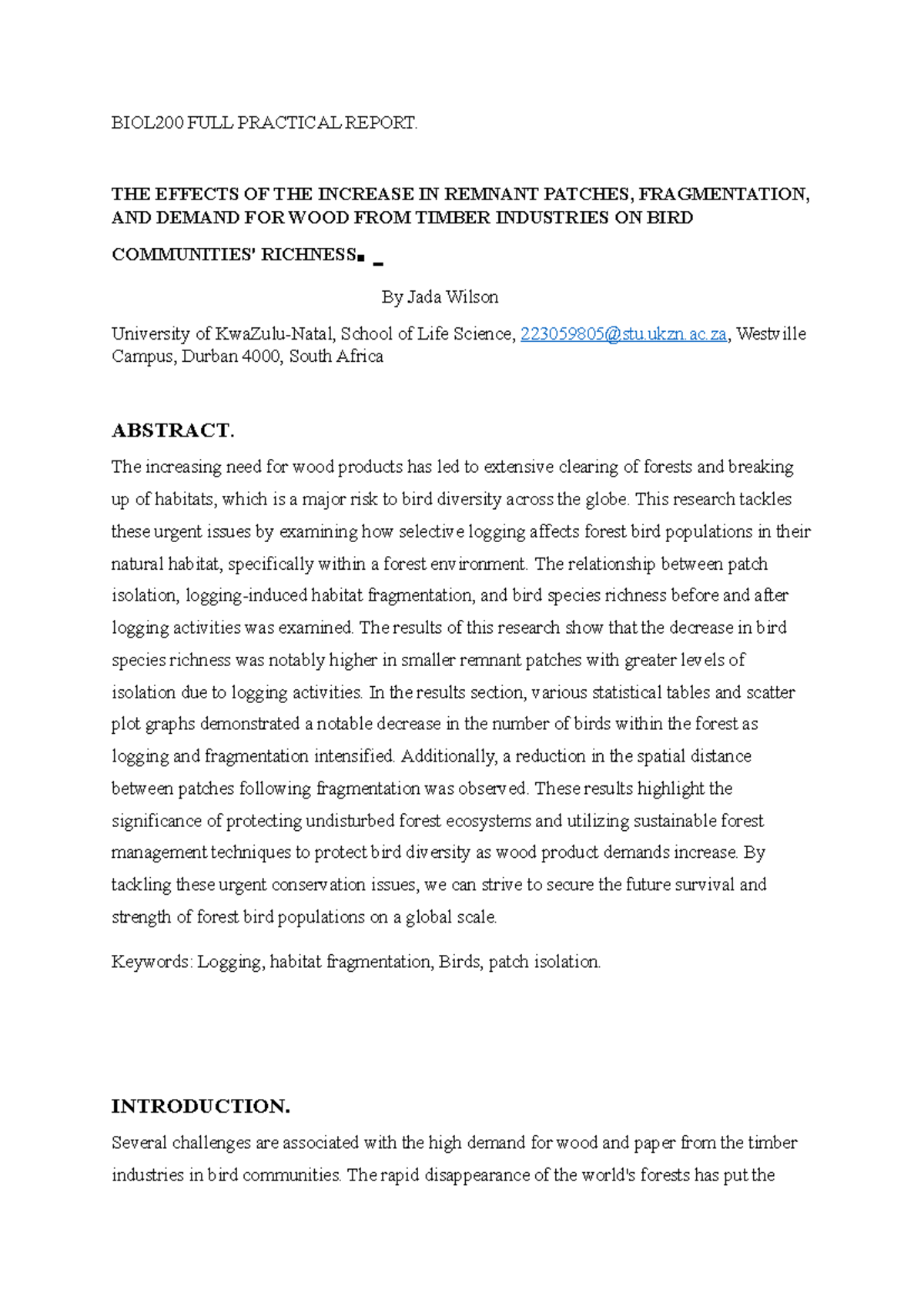 BIO200 FULL Practical Report - BIOL200 FULL PRACTICAL REPORT. THE EFFECTS OF THE INCREASE IN ...