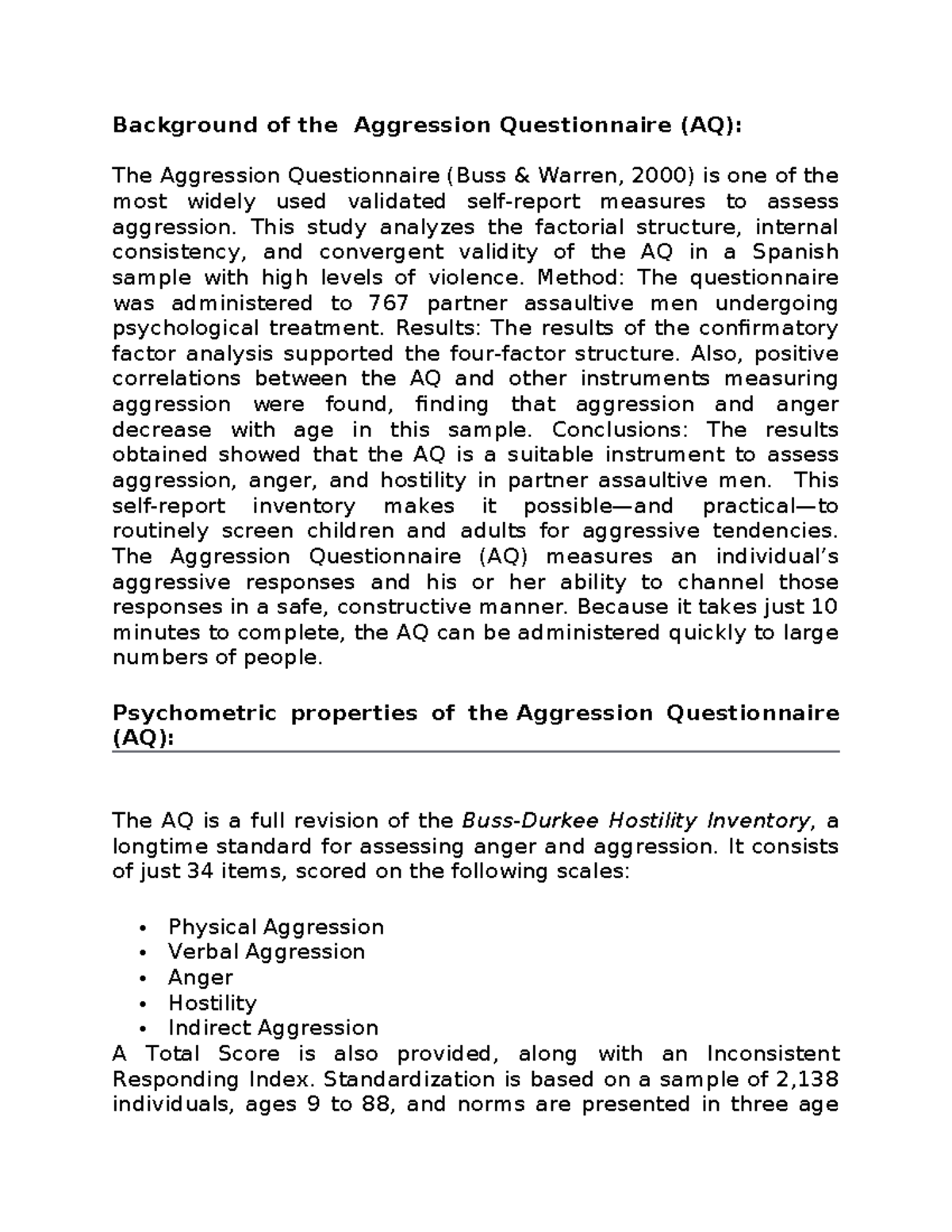 Aggression questionnaire - This study analyzes the factorial structure ...