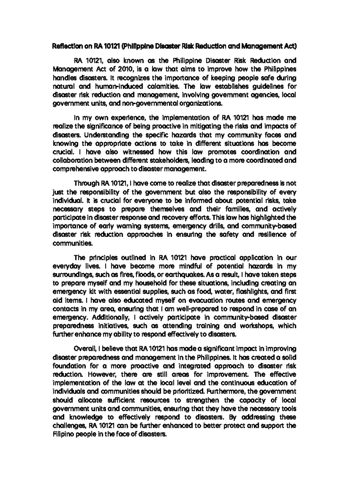 HENZ - REFLECTION PAPER - Reflection on RA 10121 (Philippine Disaster ...