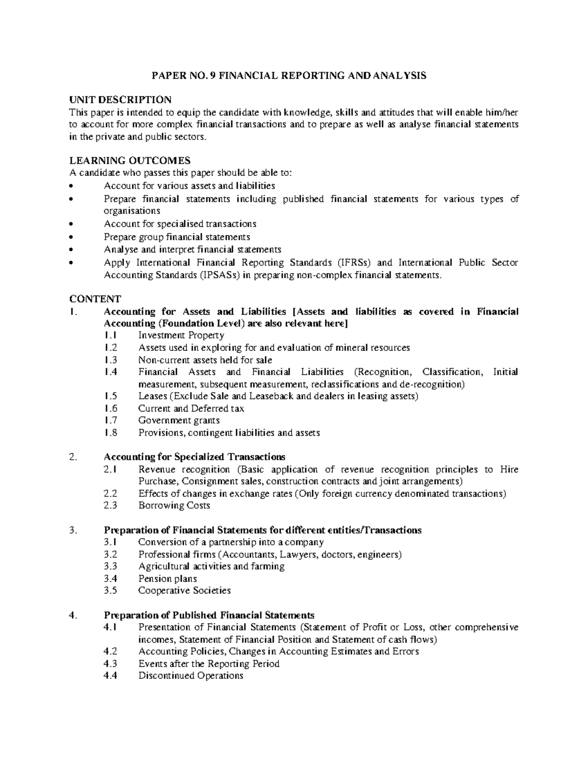FR Course Outline - PAPER NO. 9 FINANCIAL REPORTING AND ANALYSIS UNIT ...