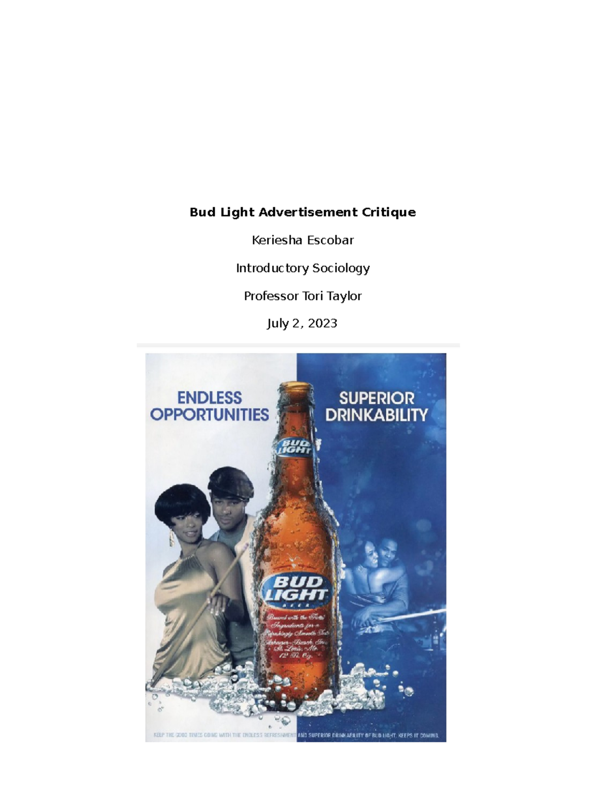 Bud light advertisement (1) - Bud Light Advertisement Critique Keriesha ...