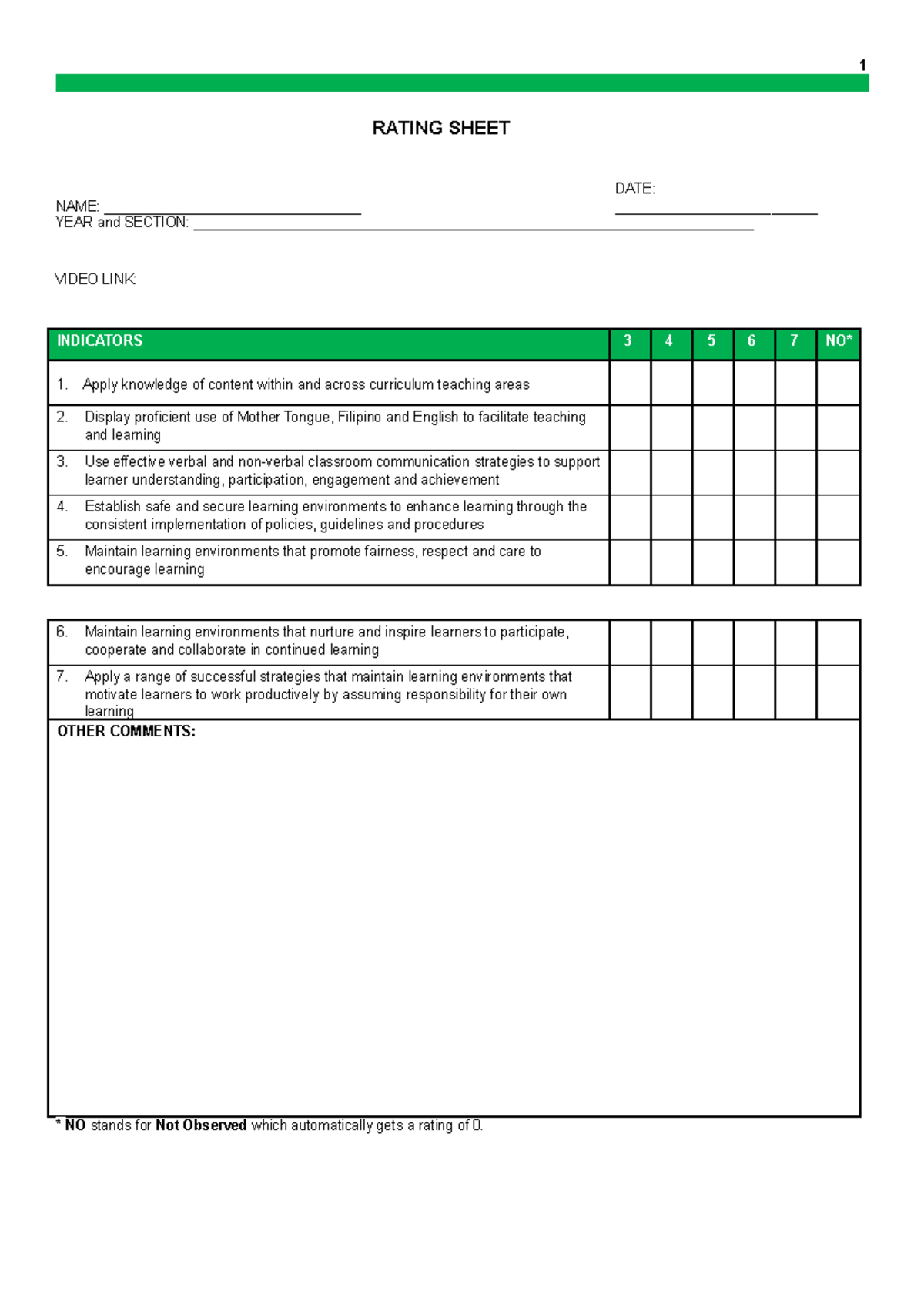 Observation Sheet - enjoy - 1 RATING SHEET NAME: _________________________________ DATE: - Studocu