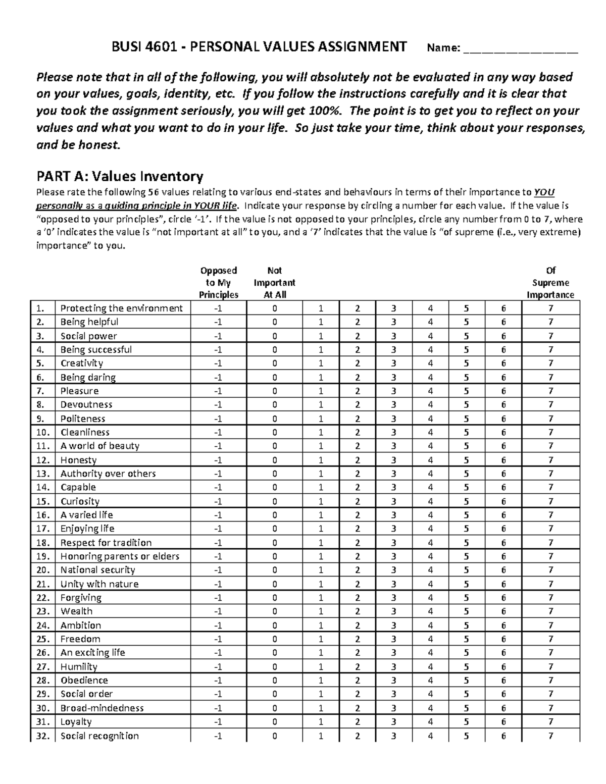 4601 Values Assignment, Winter 2023 - Schwartz version incl. Identity ...