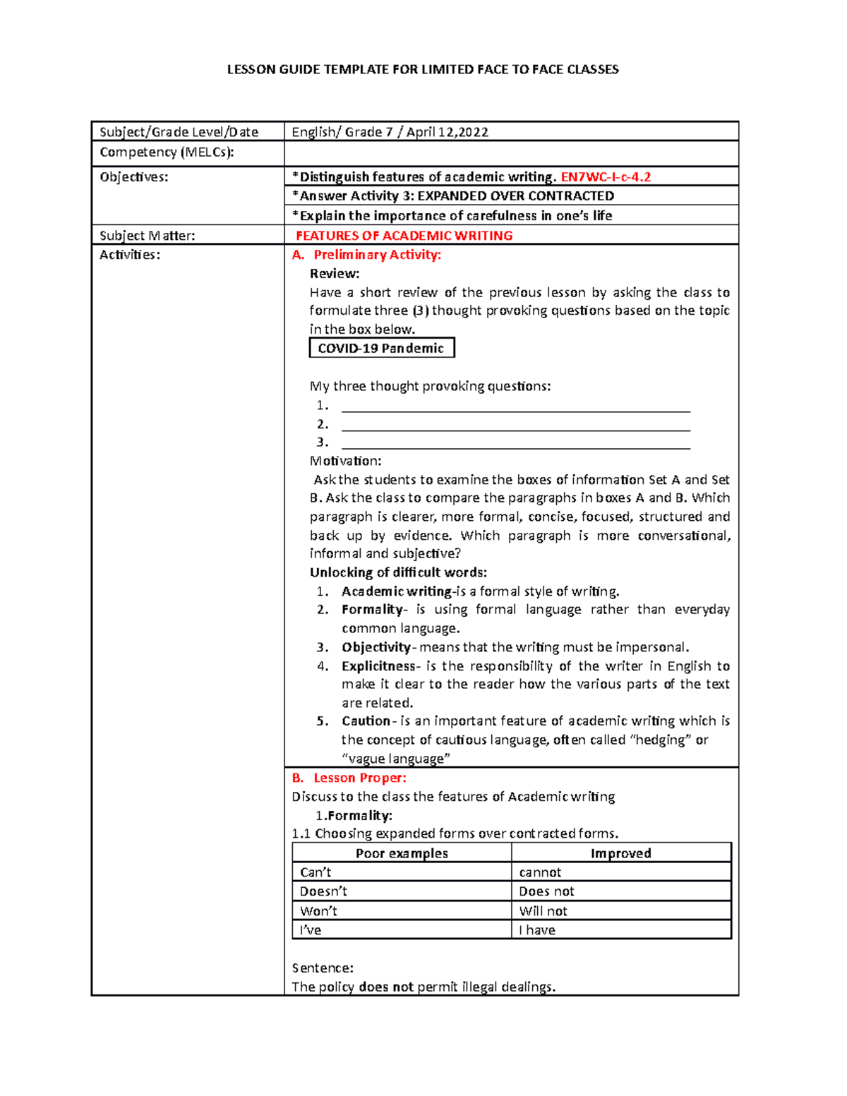 Features-of-acad-writing final - LESSON GUIDE TEMPLATE FOR LIMITED FACE ...