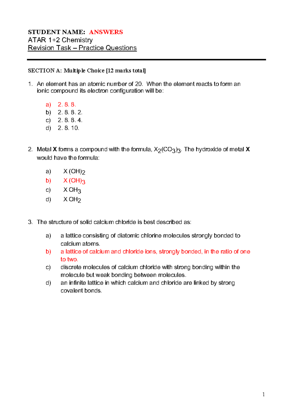 Bonding revision ANS - hello - STUDENT NAME: ANSWERS ATAR 1+2 Chemistry ...