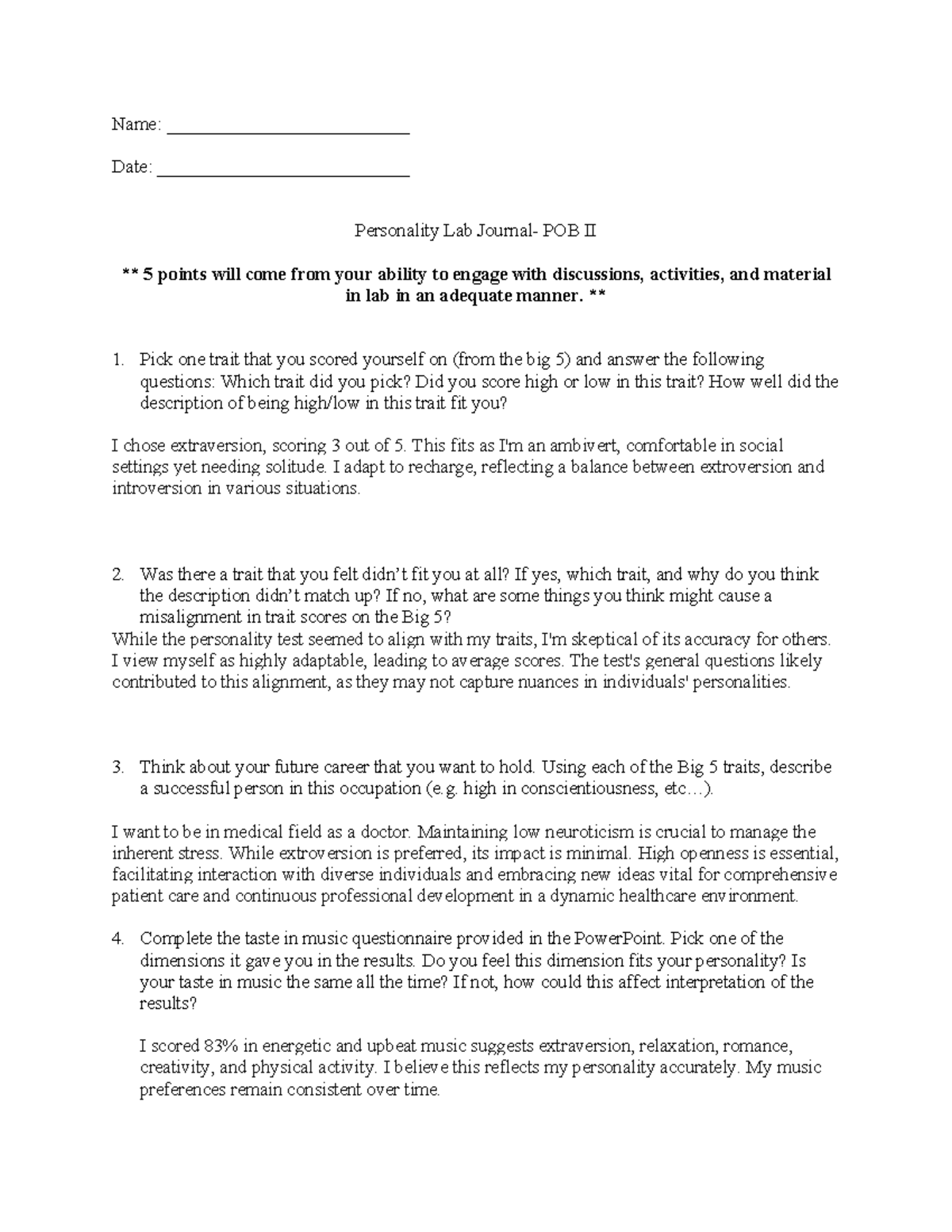 Personality Lab Journal 20211 - Name: __________________________ Date