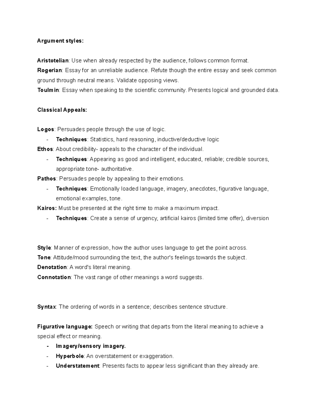 English Final Notes - Argument styles: Aristotelian : Use when already ...