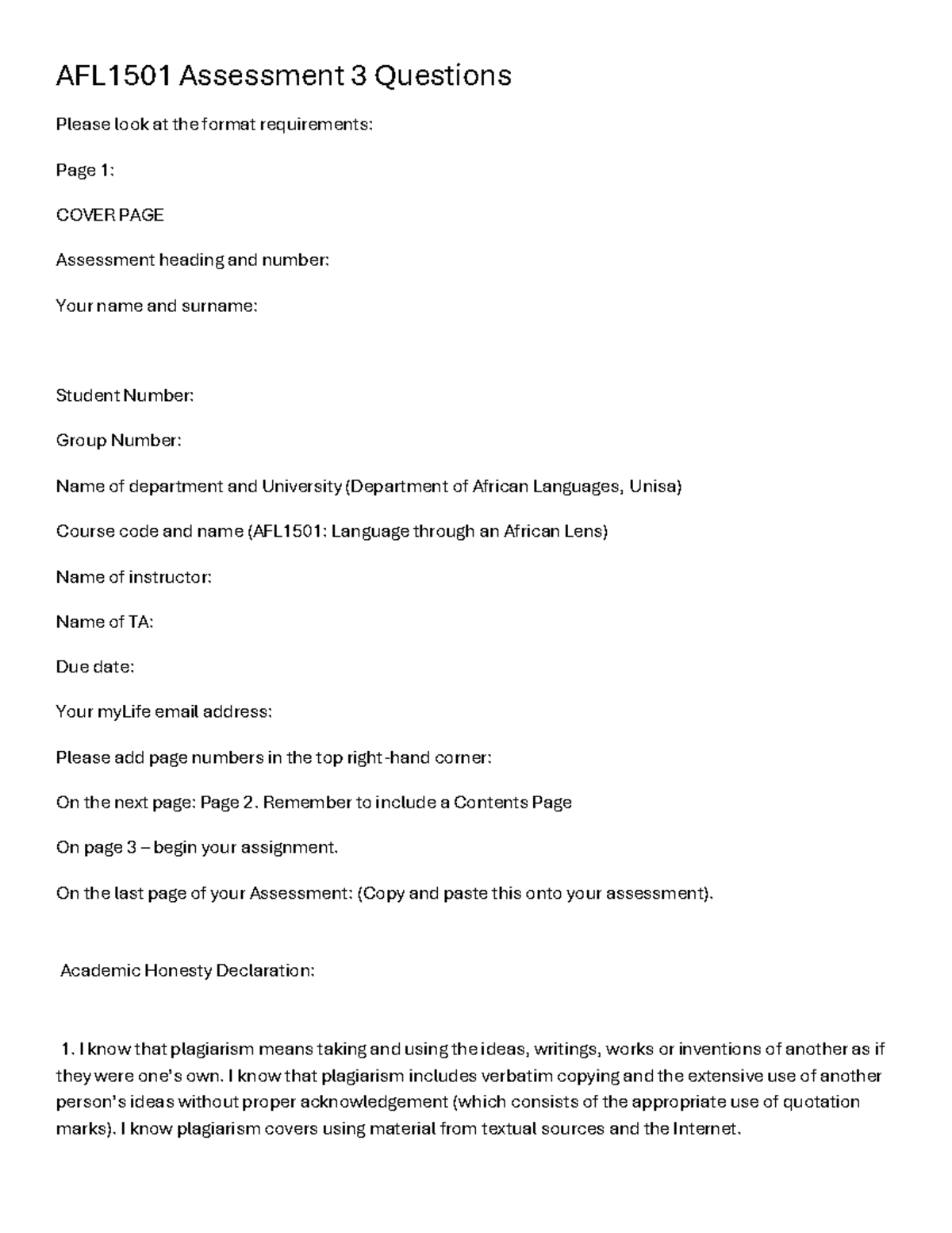 AFL1501 Assessment 3 Questions - AFL1501 Assessment 3 Questions Please ...