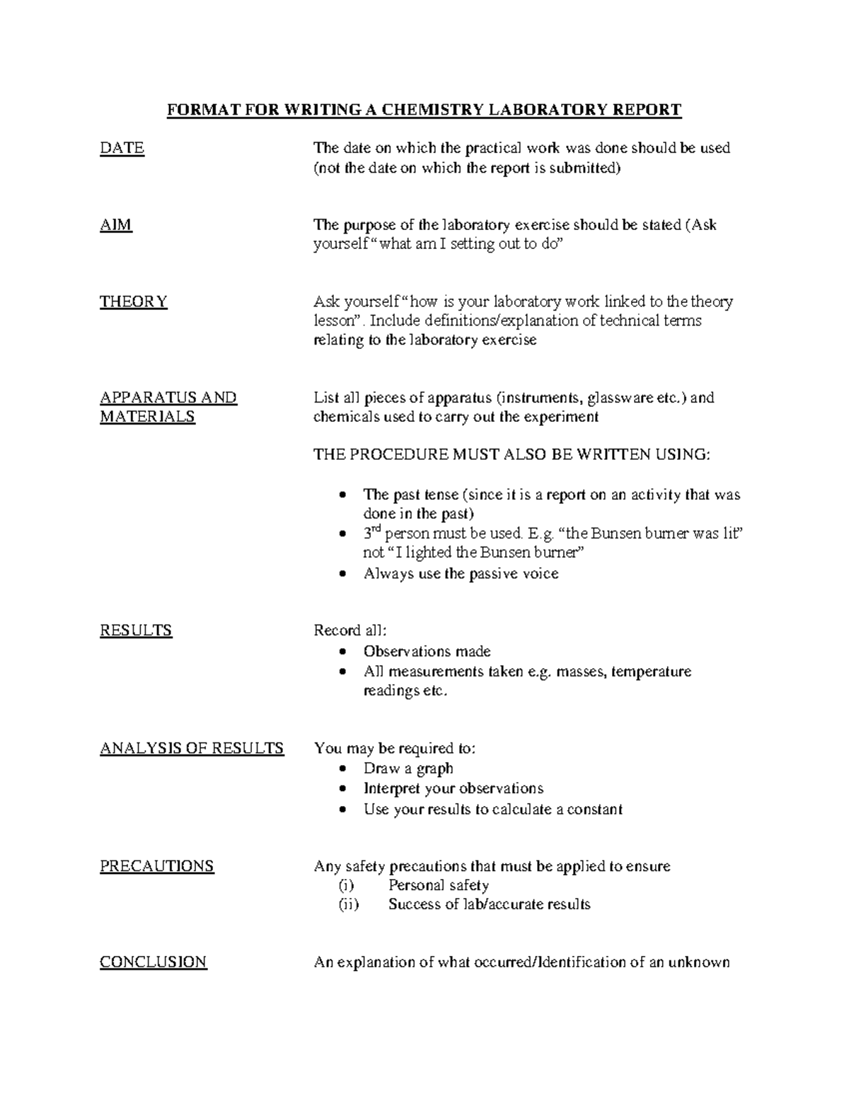 Format FOR Writing A Chemistry Laboratory Report - FORMAT FOR WRITING A ...