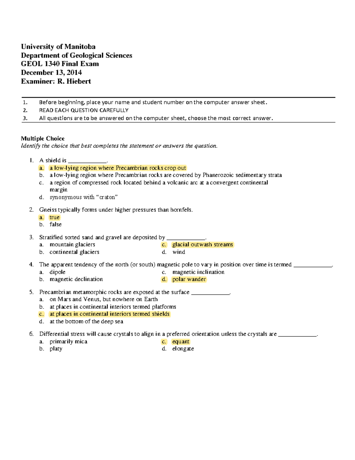 GEOL 1340 Final 2014 answers - University of Manitoba Department of Geological Sciences GEOL ...