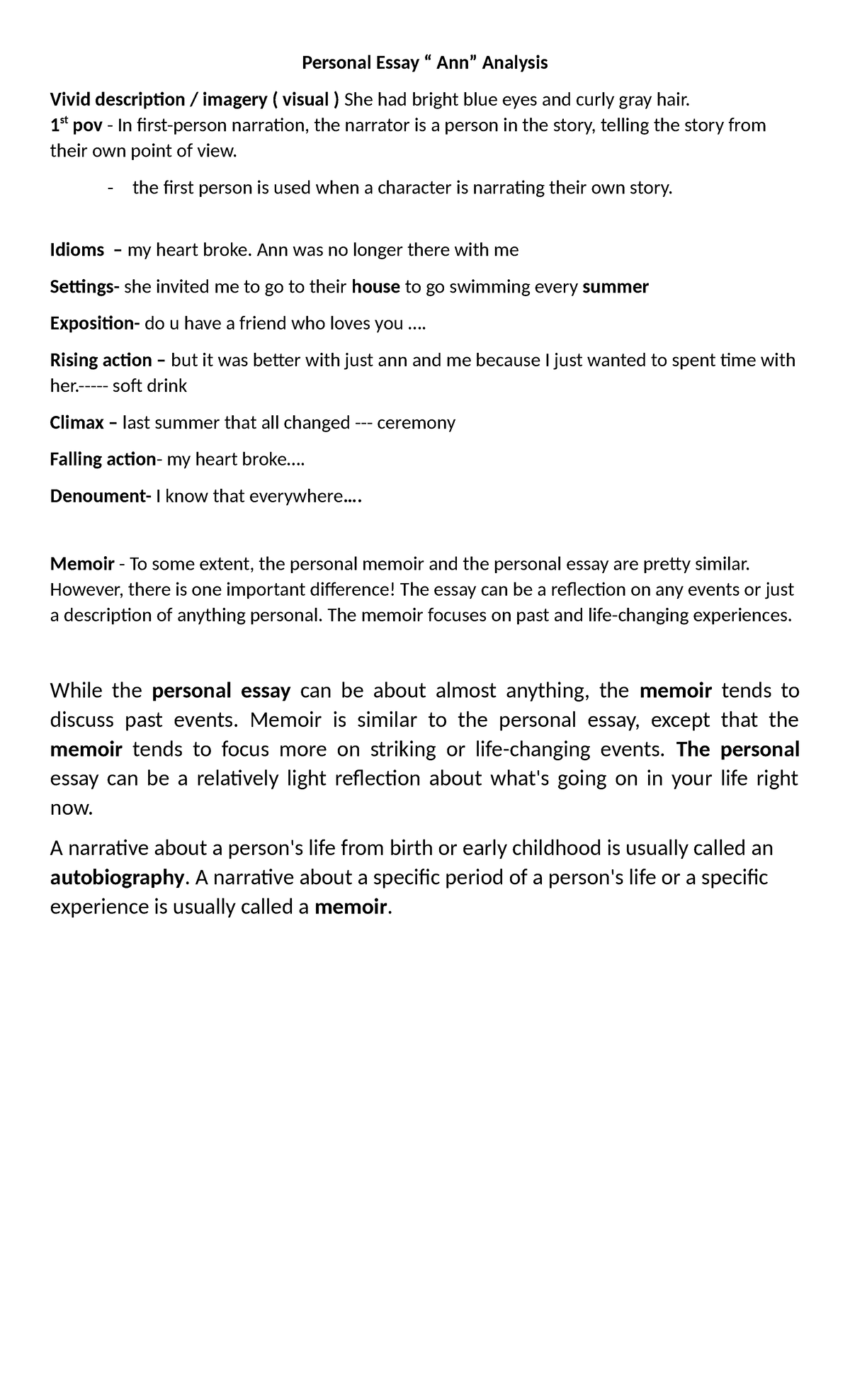 Personal essay analysis - Personal Essay “ Ann” Analysis Vivid ...