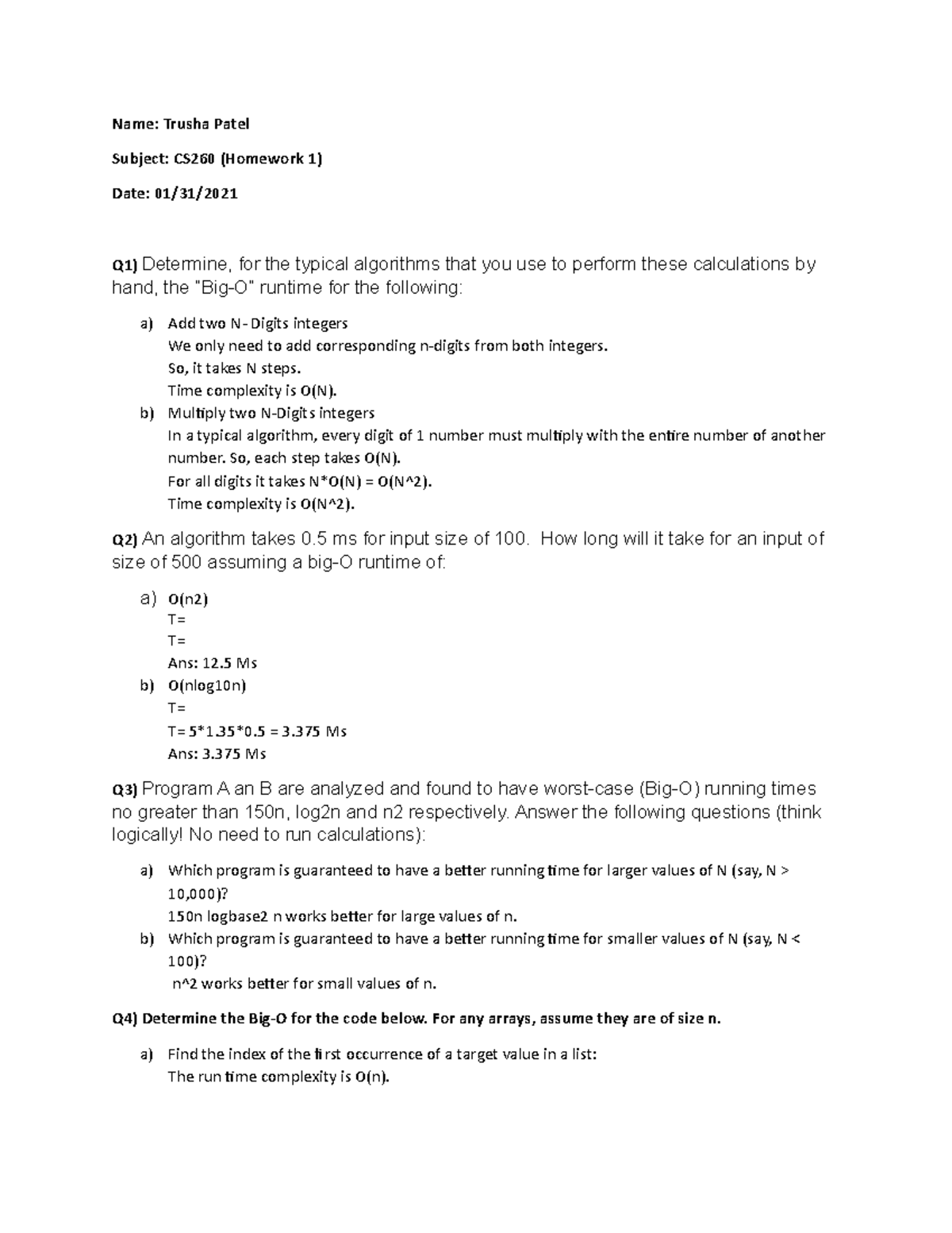 CS260HW1 - Homework 1 - Name: Trusha Patel Subject: CS260 (Homework 1 ...