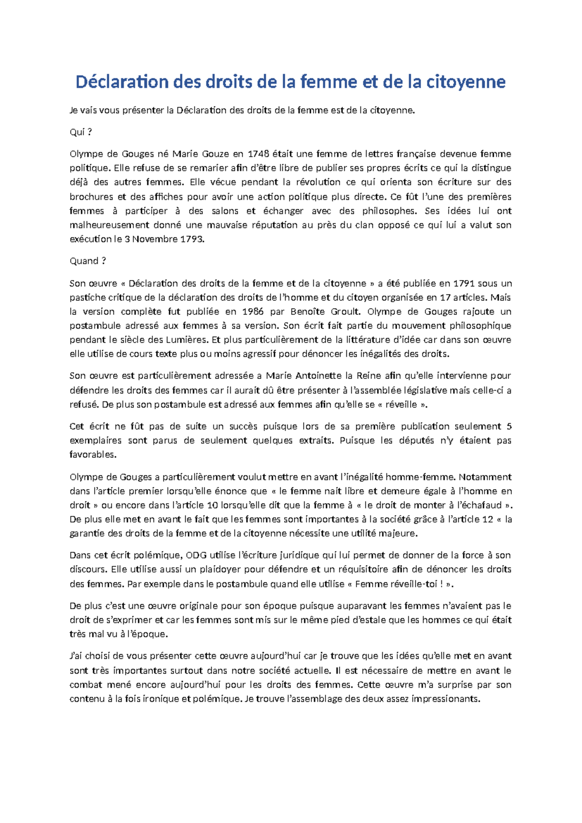 Déclaration des droits de la femme et de la citoyenne - Qui? Olympe de ...