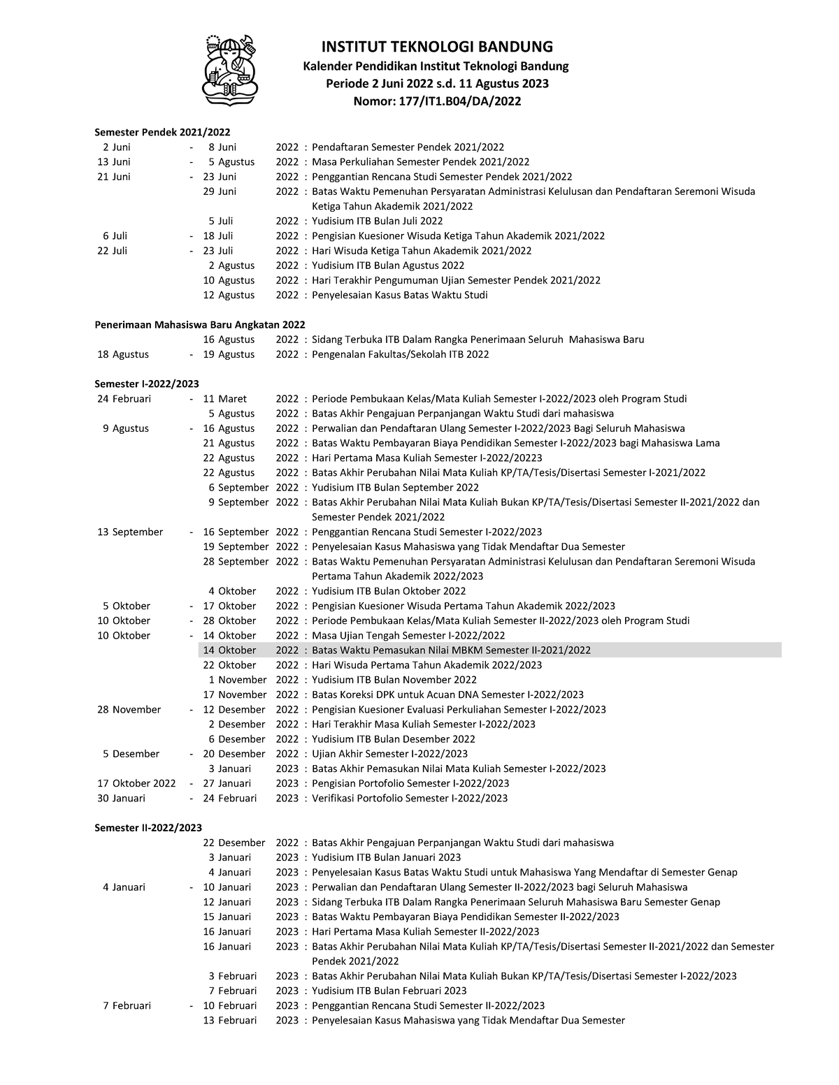 Kalender Pendidikan ITB 2022-2023 - 2 Juni - 8 Juni 2022 :Pendaftaran ...