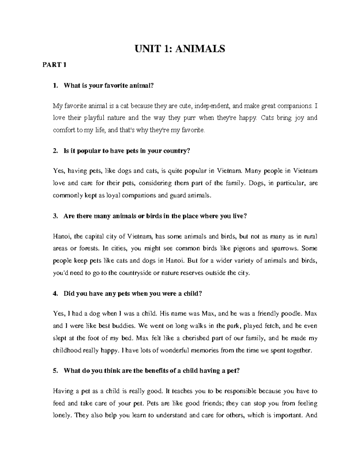 Sample Answers (unit 1-6) - UNIT 1: ANIMALS PART 1 What is your ...