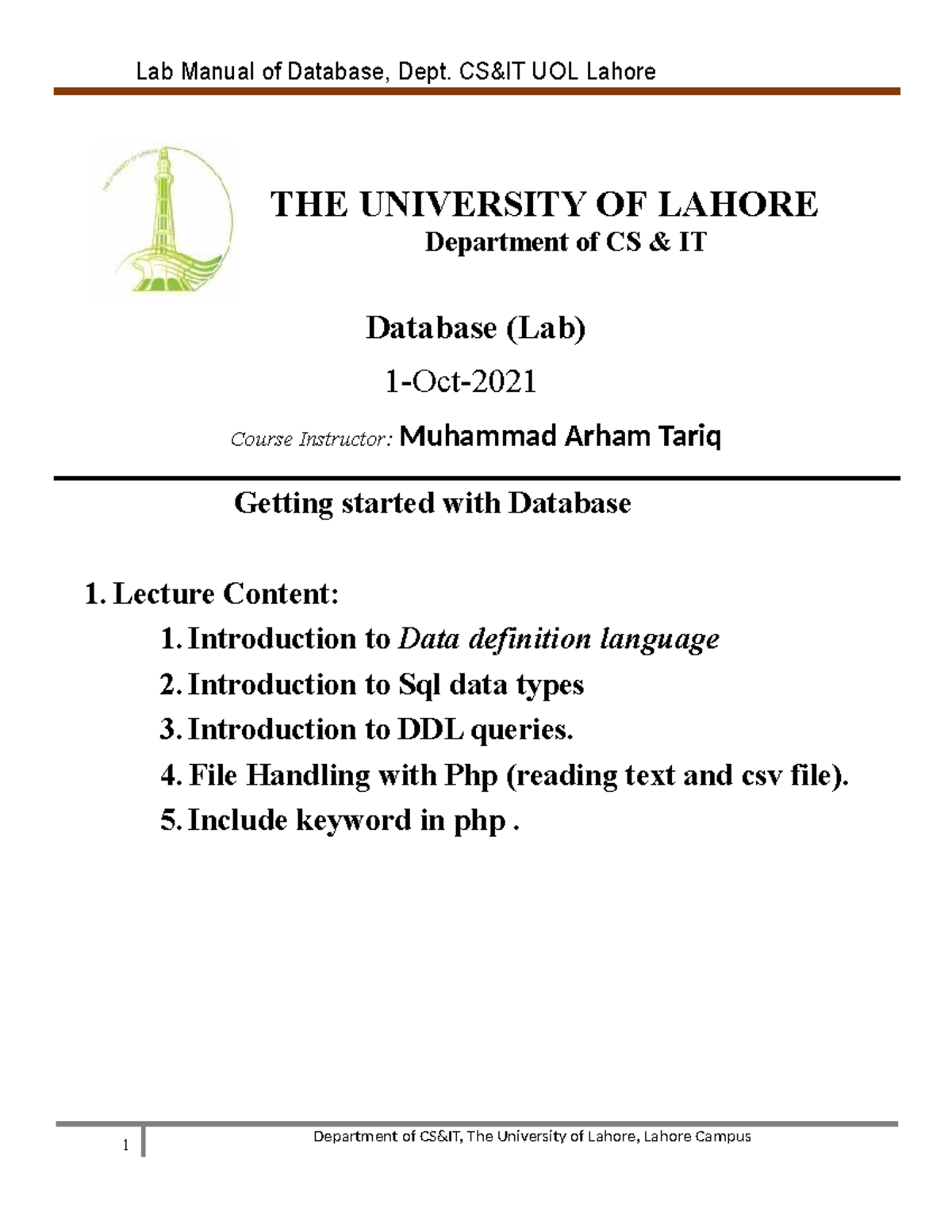 Lab 2 task - ....... - Lab Manual of Database, Dept. CS&IT UOL Lahore 1 Department of CS&IT ...