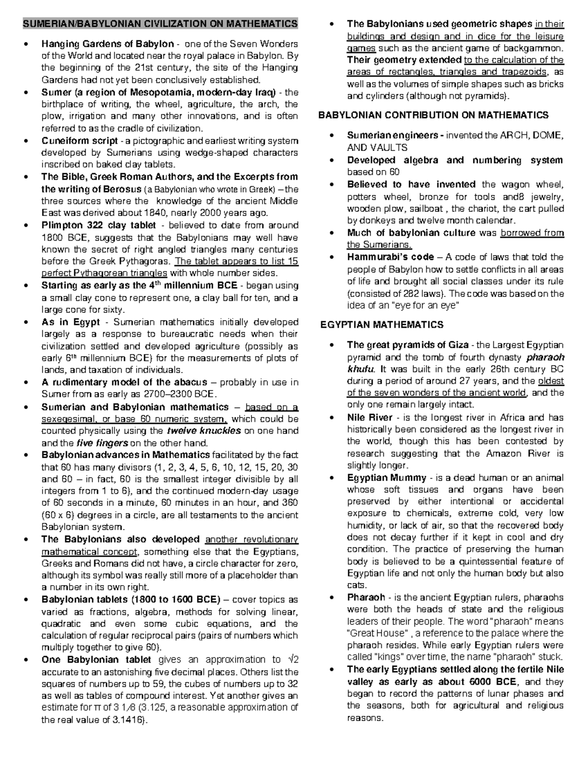 HOM Summarize Notes Lesson 1 4 - SUMERIAN/BABYLONIAN CIVILIZATION ON ...