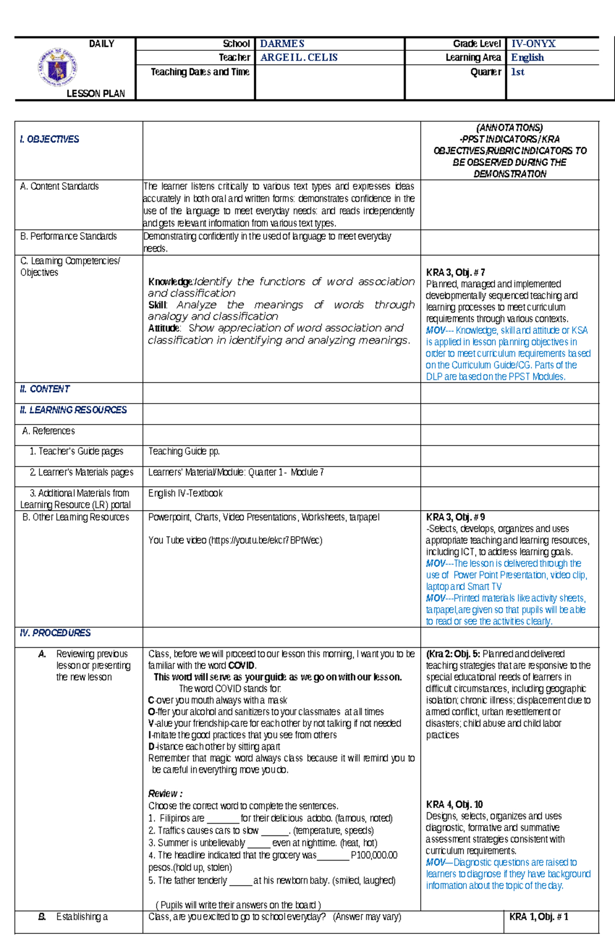 1st English 4 word analogy - DAILY LESSON PLAN School DARMES Grade ...