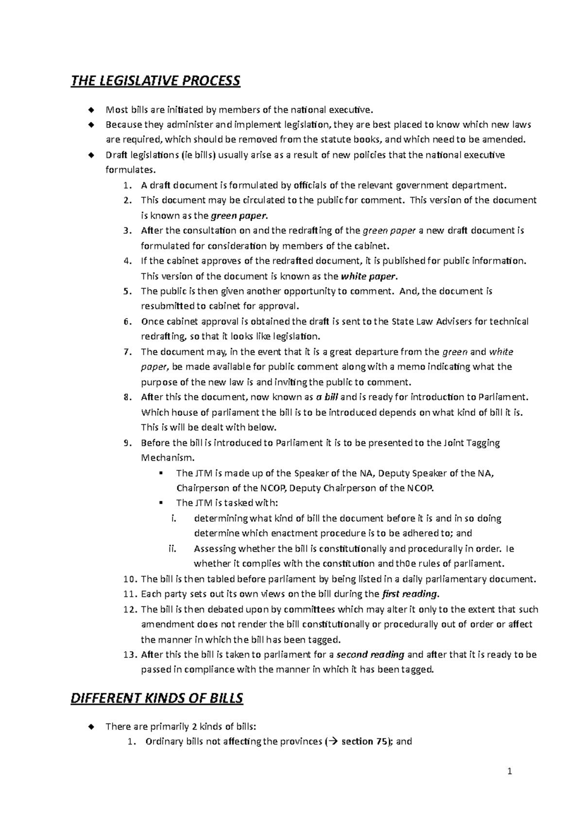 Sibanda class legislative process - THE LEGISLATIVE PROCESS Most bills are initiated by members ...