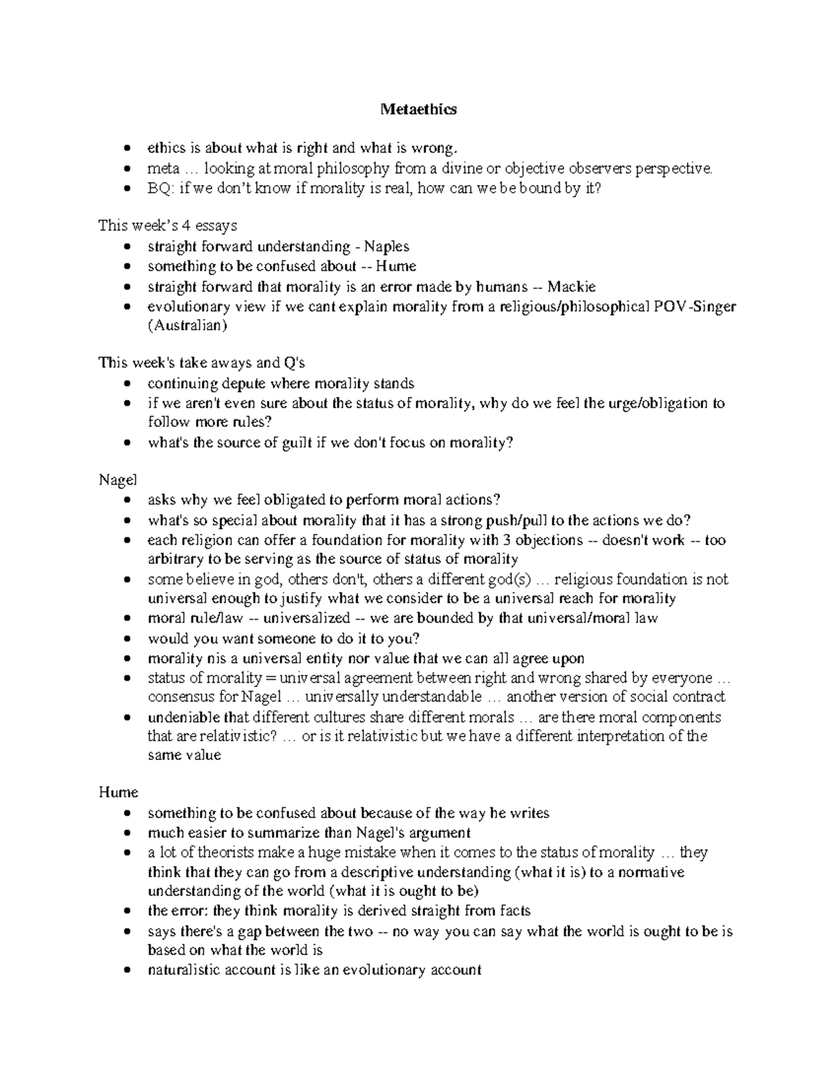 Metaethics - PHI 2200 - St. John's - Studocu