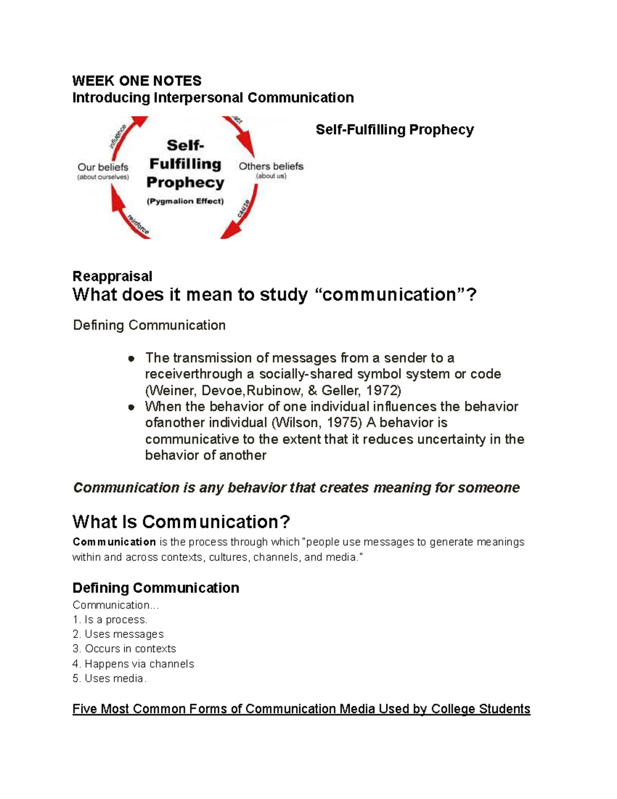 Mid term notes - WEEK ONE NOTES Introducing Interpersonal Communication ...