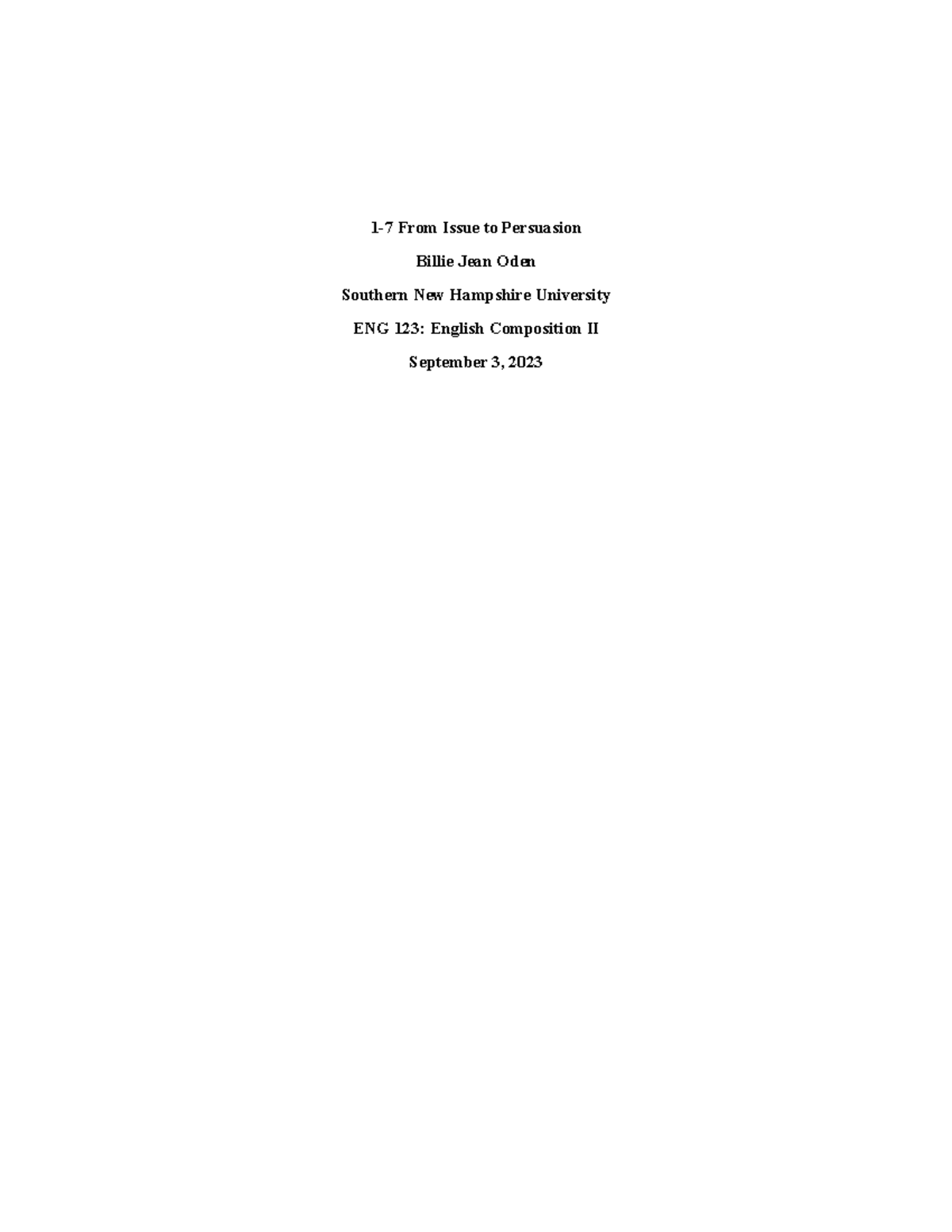 Assignment week 1 eng 123 - 1-7 From Issue to Persuasion Billie Jean ...
