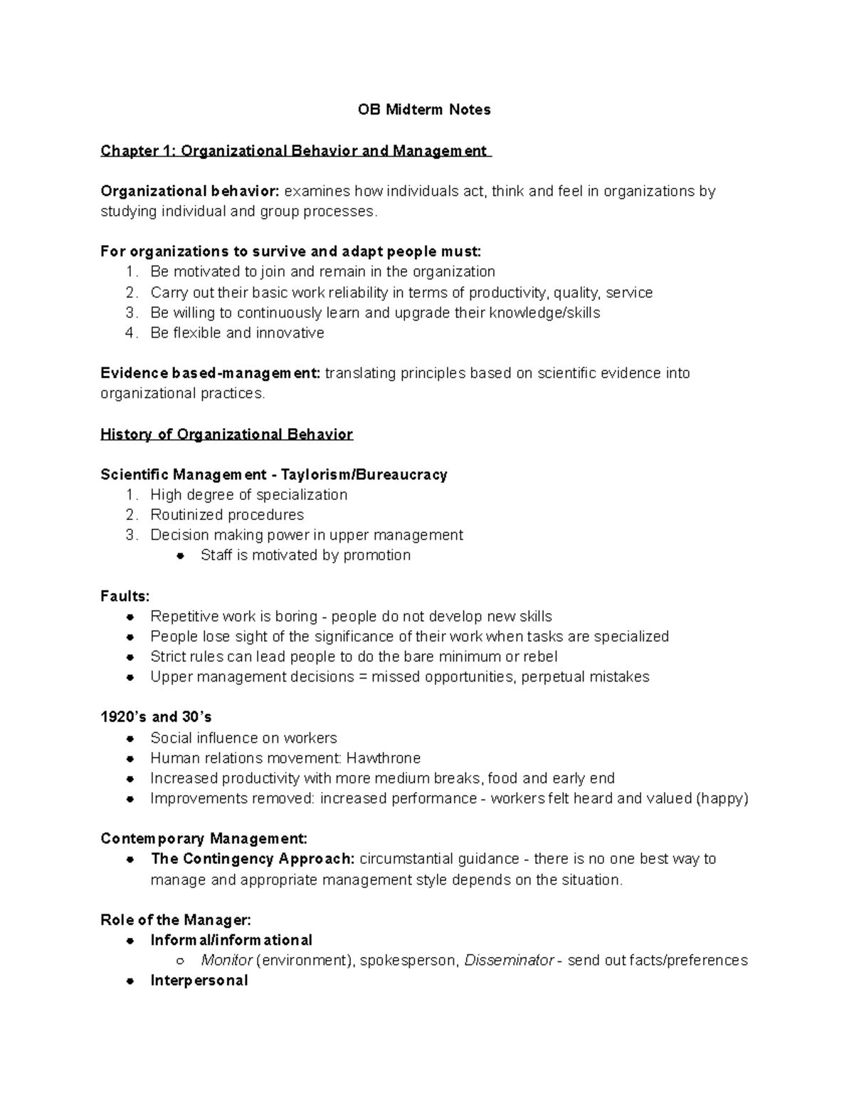 OB Midterm Notes - OB Midterm Notes Chapter 1: Organizational Behavior ...