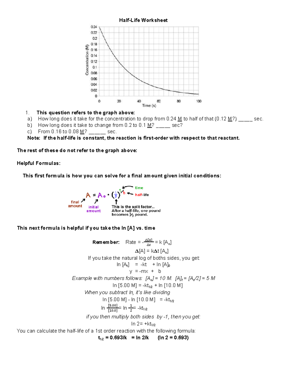 *Half-Life Worksheet - half life - Half-Life Worksheet a)b)c) This ...