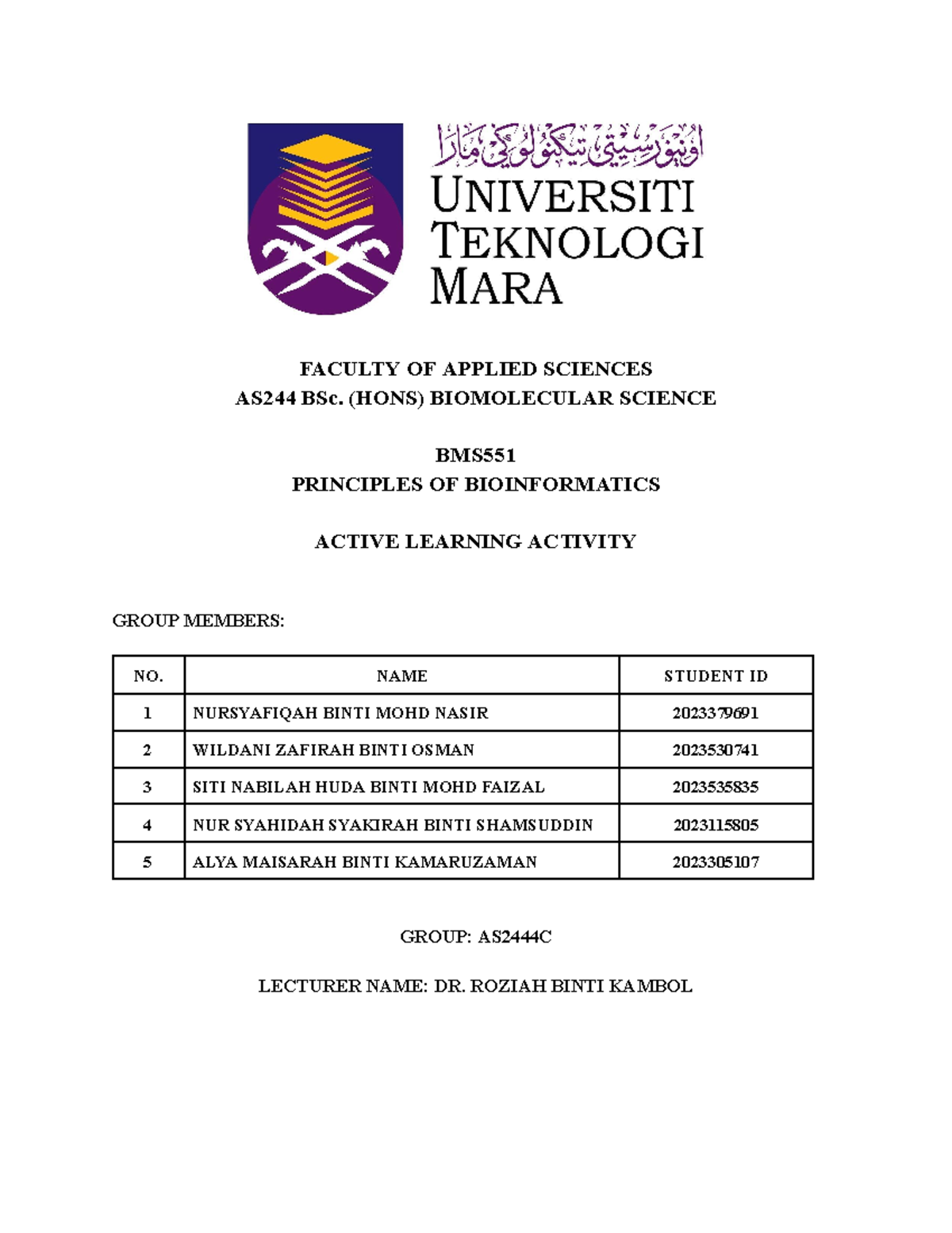 Active Learning Activity AS2444C Group 2 - FACULTY OF APPLIED SCIENCES AS244 BSc. (HONS) - Studocu