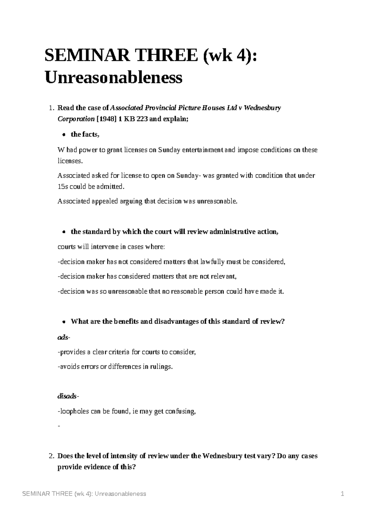 Seminar Three- Unreasonableness - SEMINAR THREE (wk 4 ...