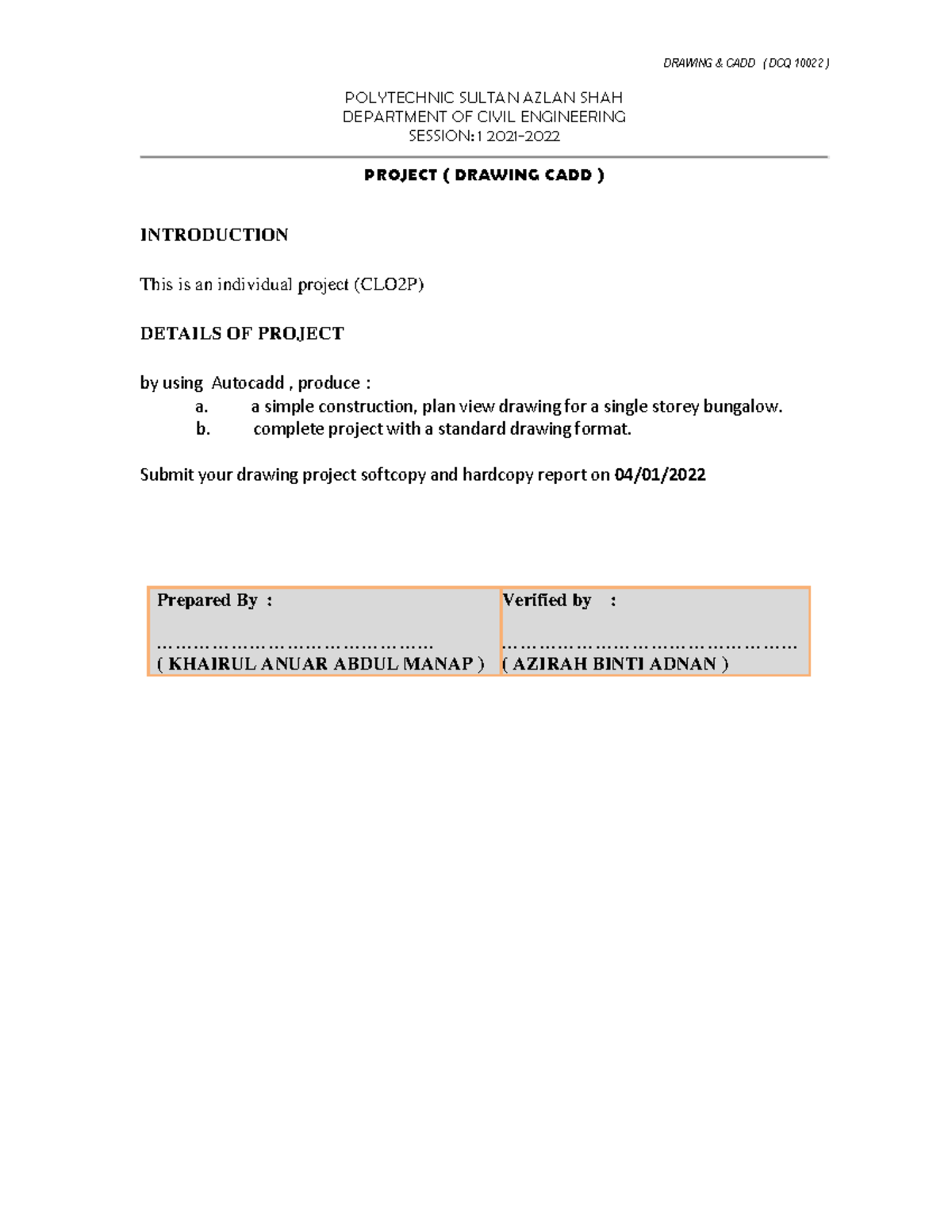 Project SESI 1 2021 2022 - DRAWING & CADD ( DCQ 1002 2 ) POLYTECHNIC ...