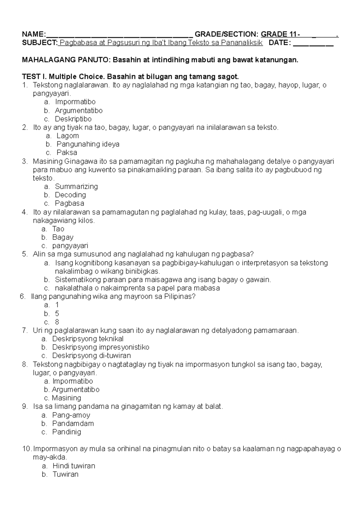 Midterm EXAM - NAME:____________________________________ GRADE/SECTION ...