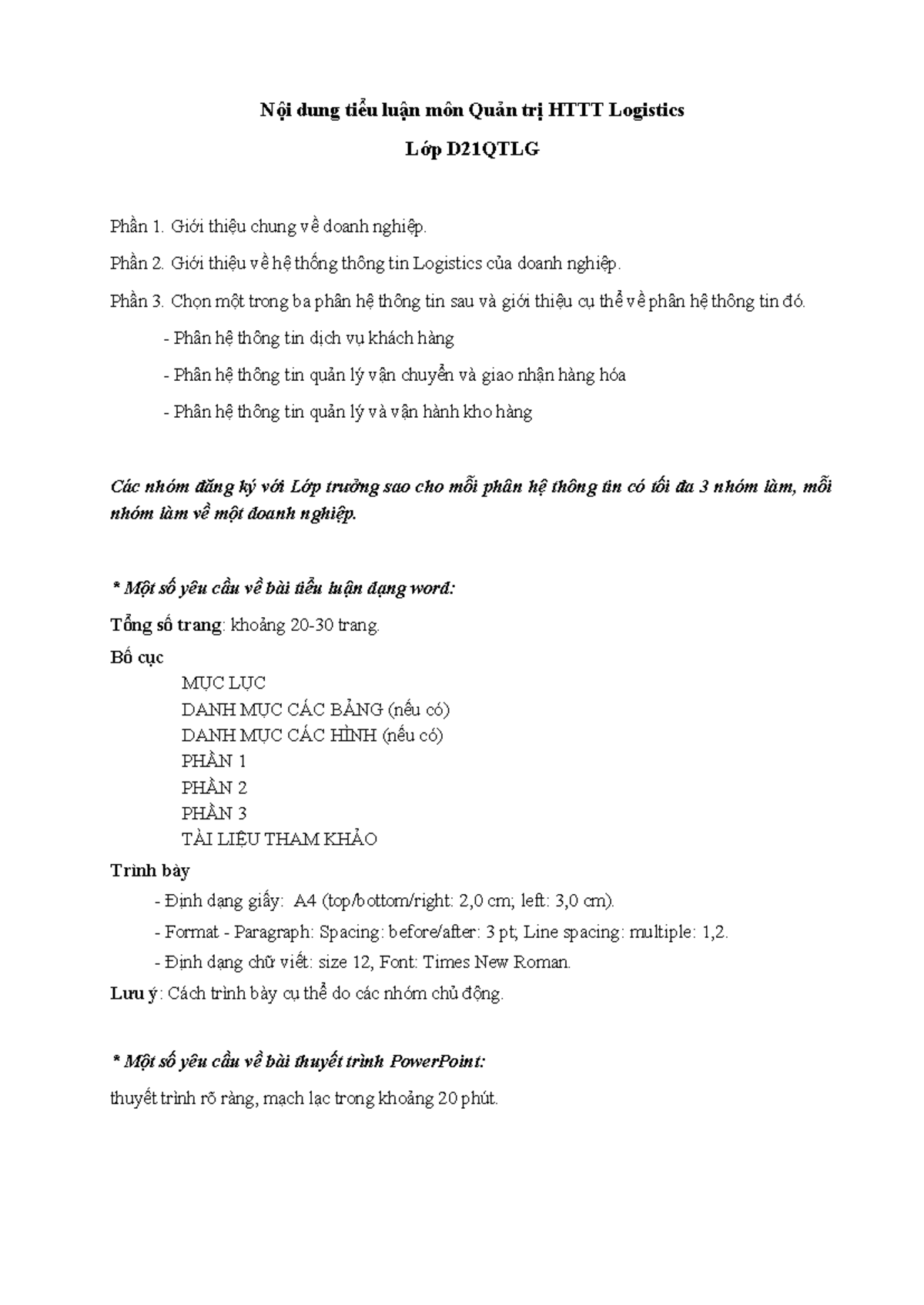 Đề tiểu luận Quản trị LIS D21QTLG - Nội dung tiểu luận môn Quản trị HTTT Logistics Lớp D21QTLG ...