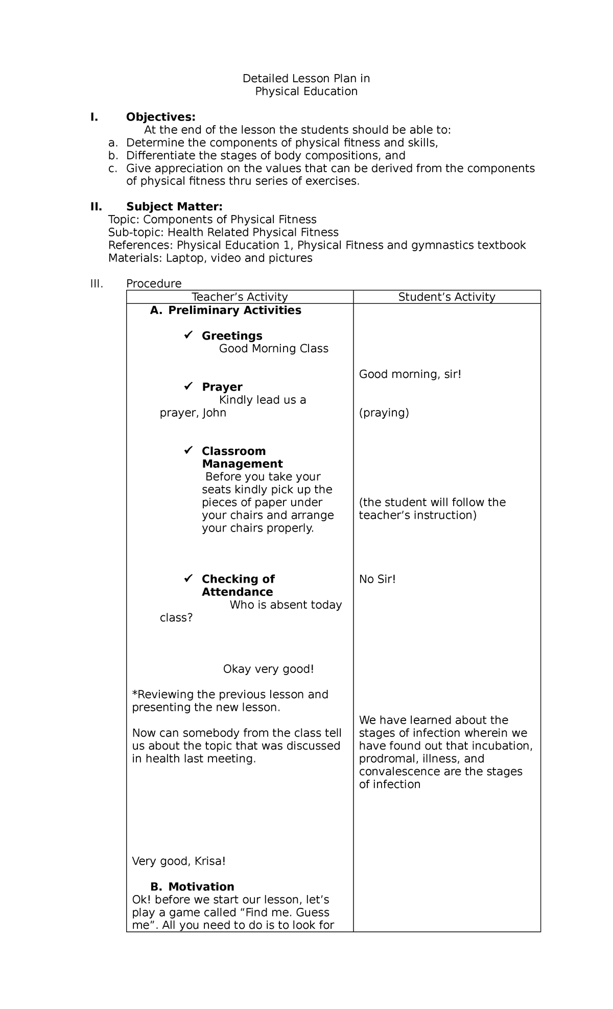 Detailed Lesson Plan in PE - Detailed Lesson Plan in Physical Education ...