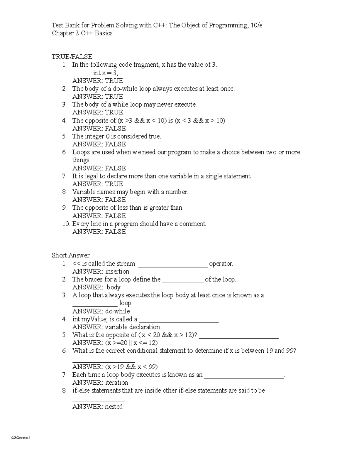 C++ chapter 2 test practise - Chapter 2 C++ Basics TRUE/FALSE In the ...