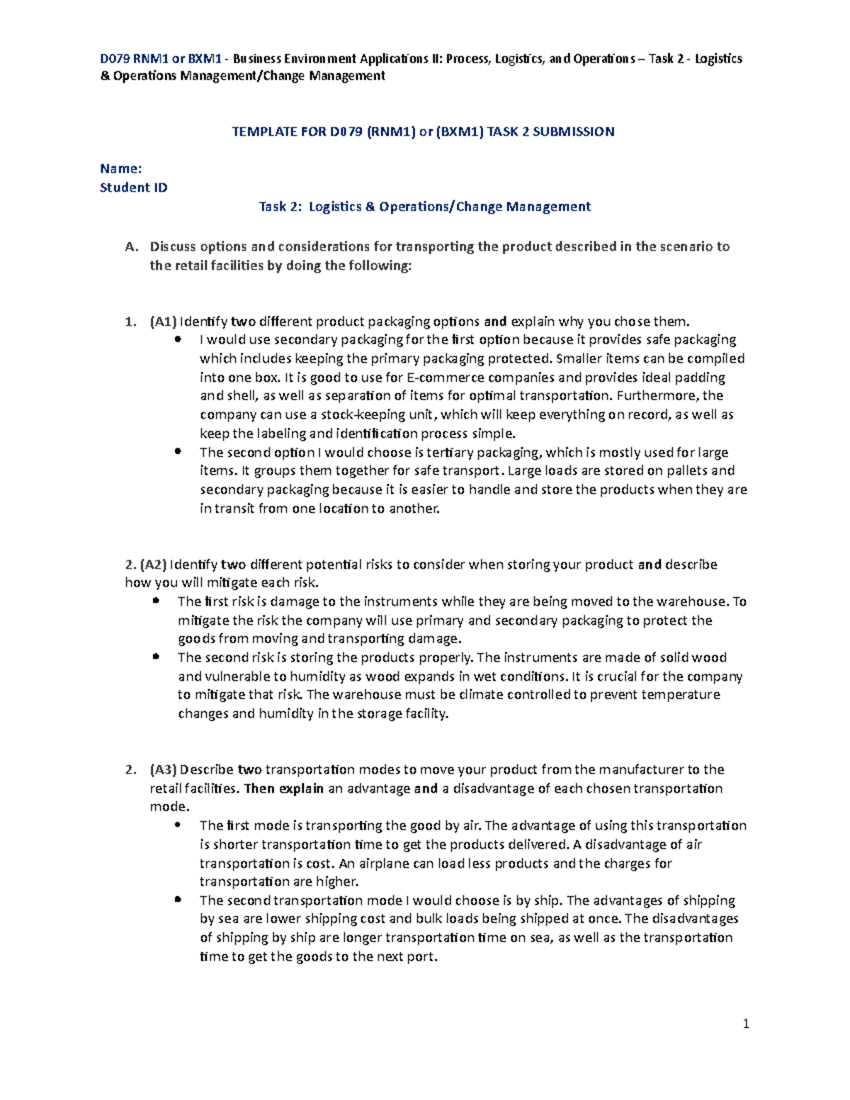D079 - Task 2 SL - passed task 2 - D079 RNM1 or BXM1 - Business ...