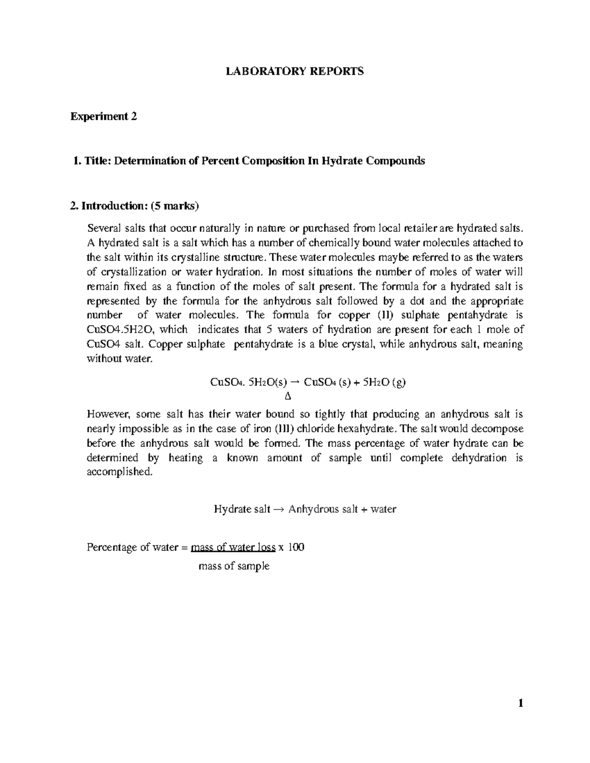 Experiment 2 CHM138 - LABORATORY REPORTS Experiment 2 1. Title ...
