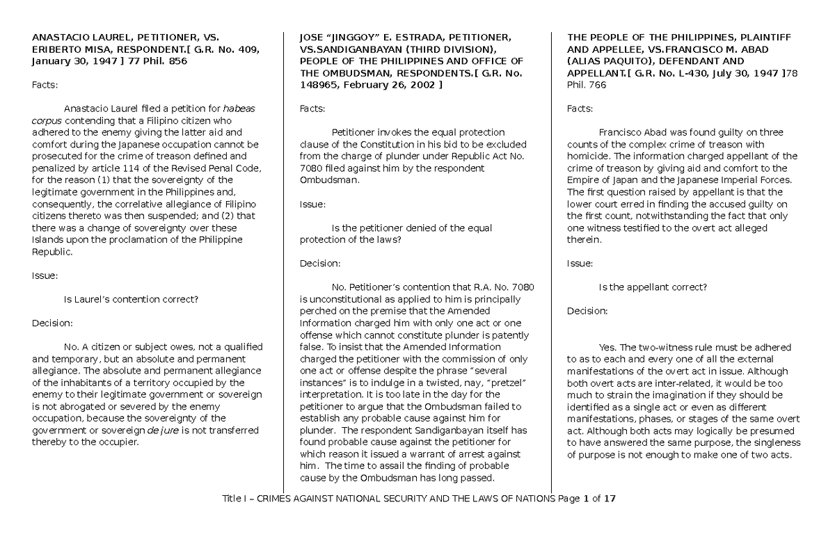 Criminal Law 2 Case Digests Title I Nati - ANASTACIO LAUREL, PETITIONER ...