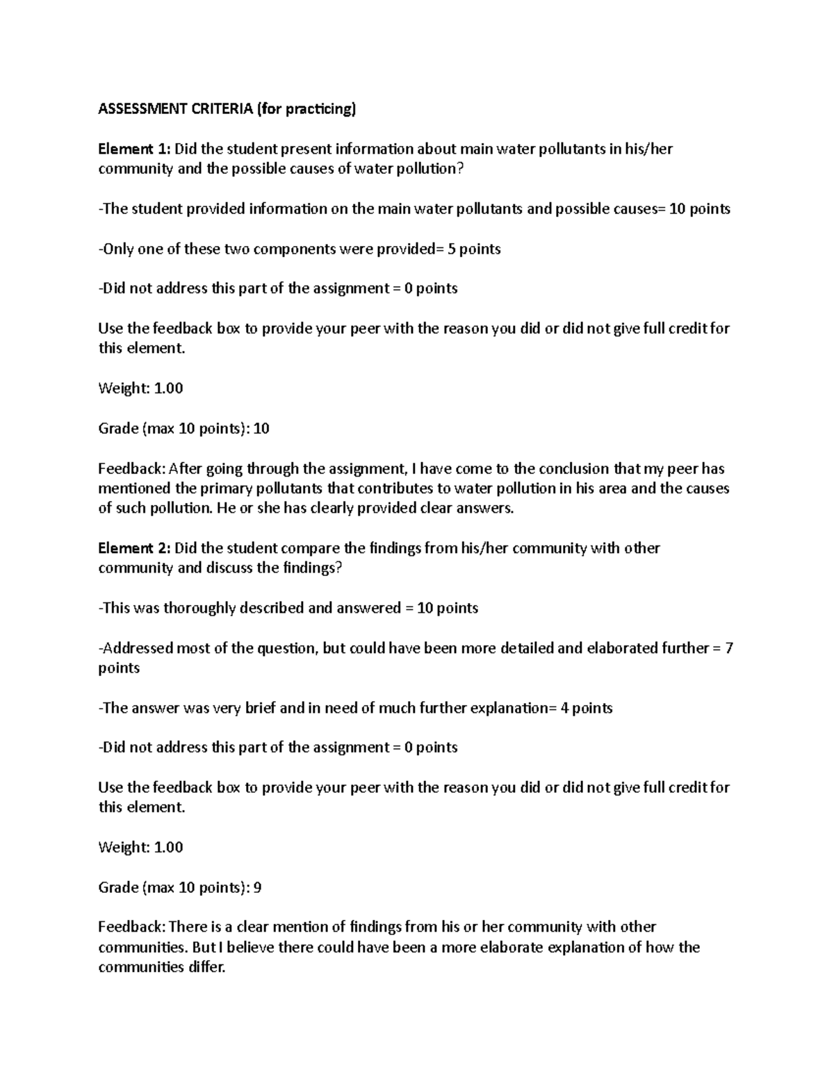 UNIV 1001 Unit 2 sample peer review rubric - ASSESSMENT CRITERIA (for ...