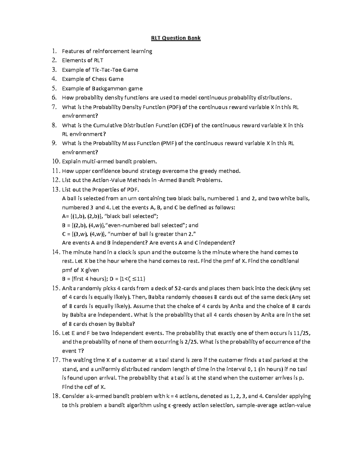 RLT QB unit 1 - RLT Question Bank 1. Features of reinforcement learning ...