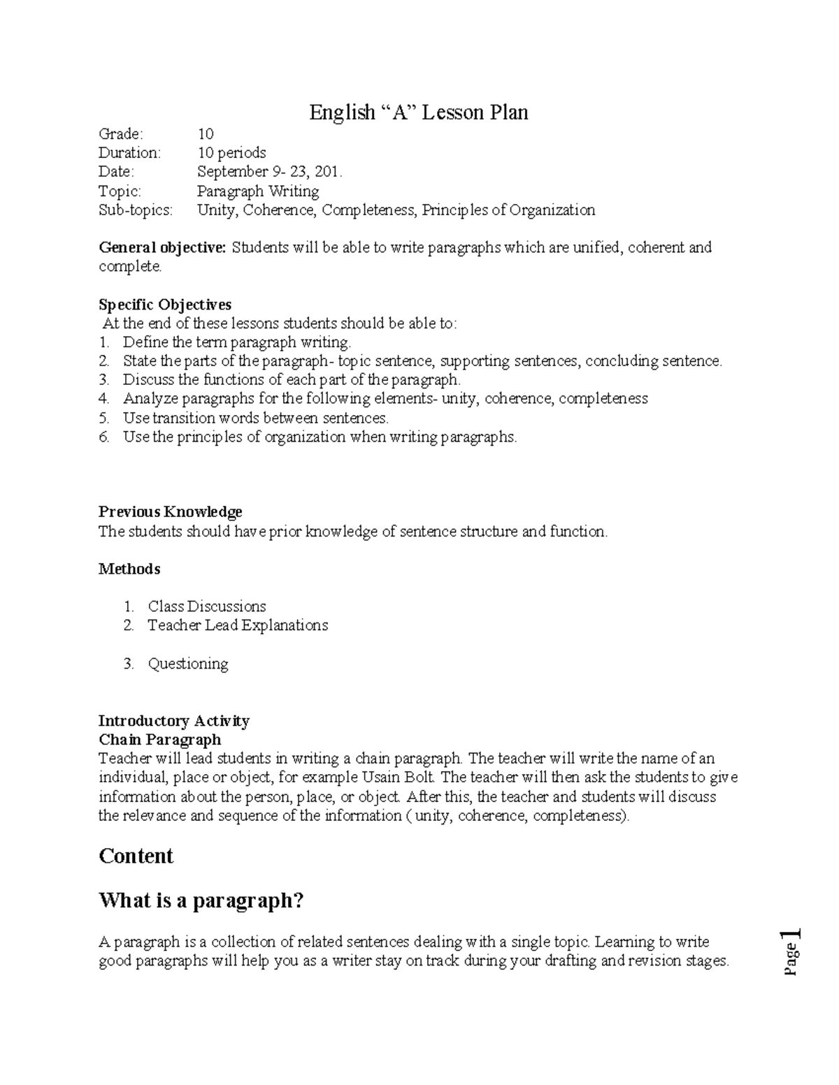 296503223-Paragraph-Writing-Lesson-Plan - 1 English “A” Lesson Plan ...