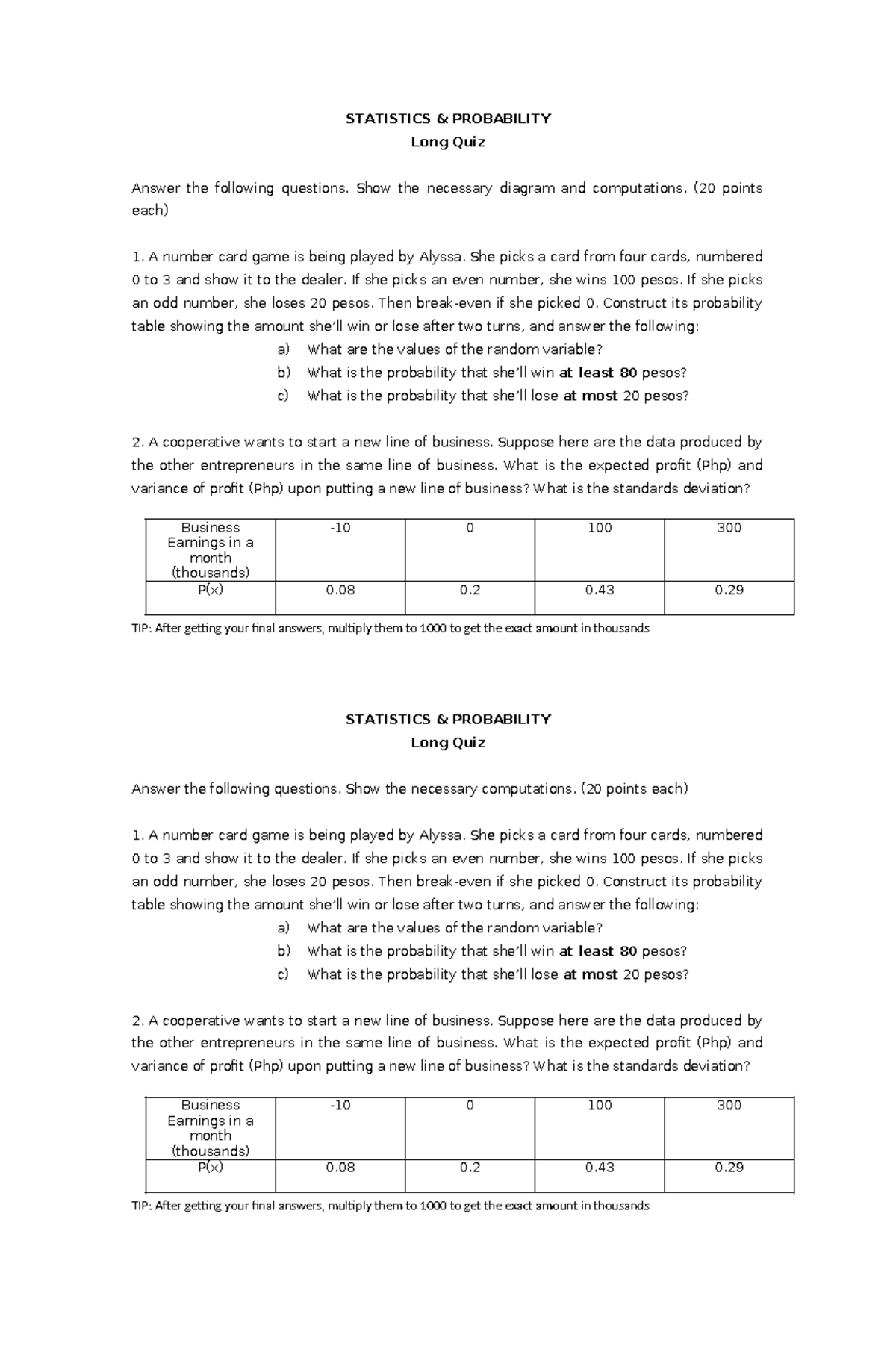 Stat Quiz 1 - Practice Quiz - STATISTICS & PROBABILITY Long Quiz Answer ...