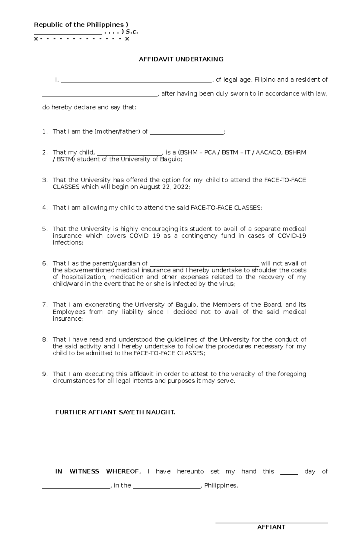 Affidavit of Undertaking For students who will not avail of a medical ...