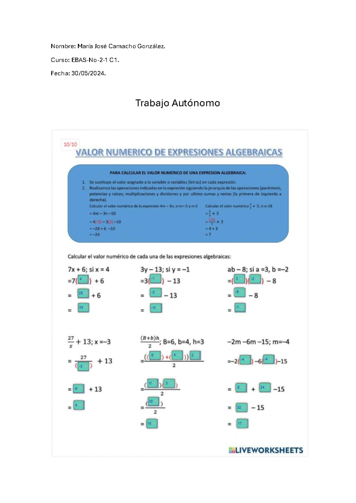 Ejercicios DE Valor Numérico DE UNA Expresión Algebraica - Matematicas ...