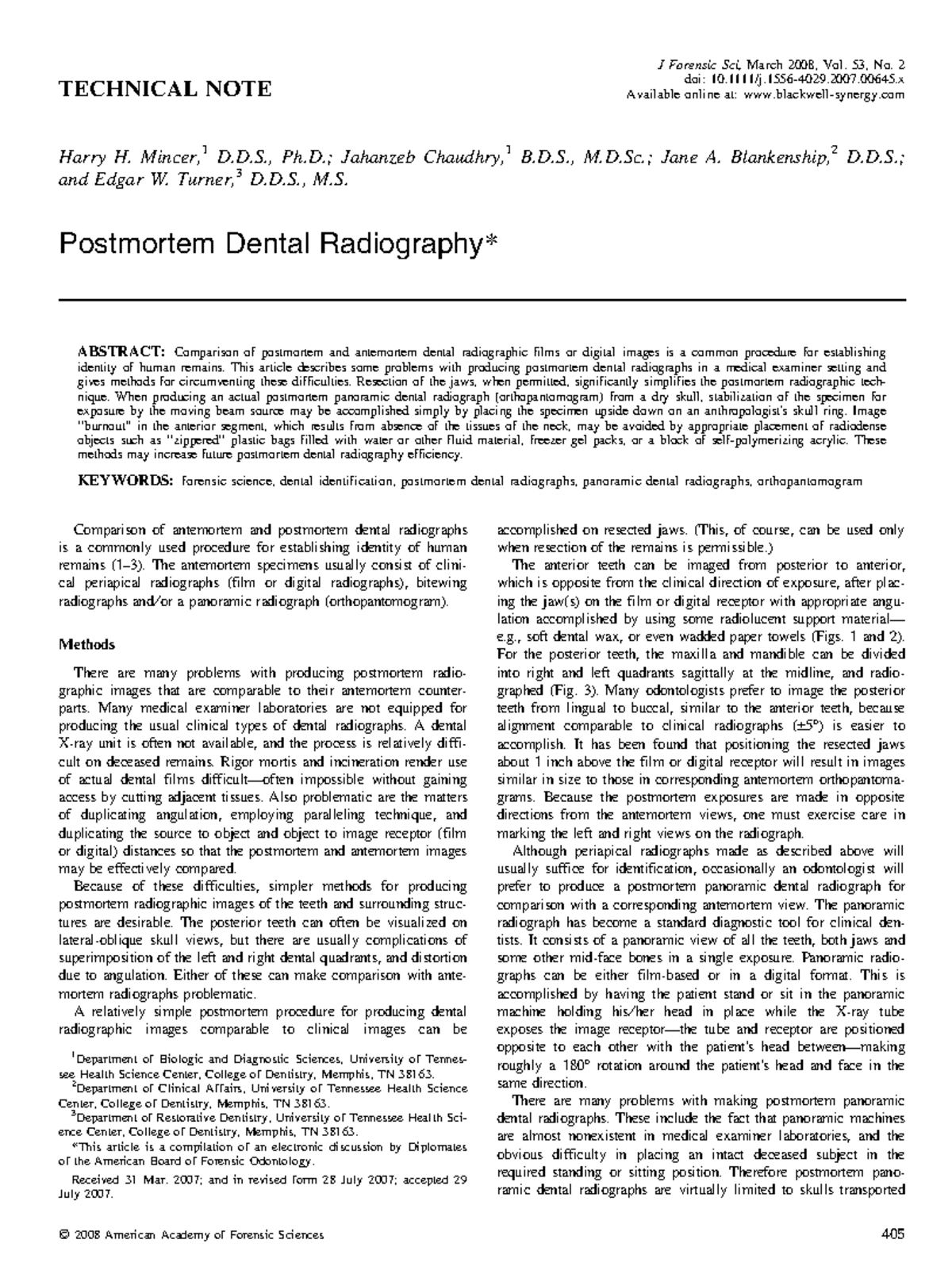 Postmortem Dental Radiography - TECHNICAL NOTE Harry H. Mincer, 1 D.D ...